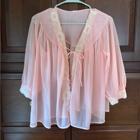 Intimates & Sleepwear | Vintage Pink Sheer Lace Trim Robe Bed Jacket ...